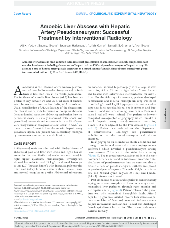 (PDF) Amoebic Liver Abscess with Hepatic Artery Pseudoaneurysm ...