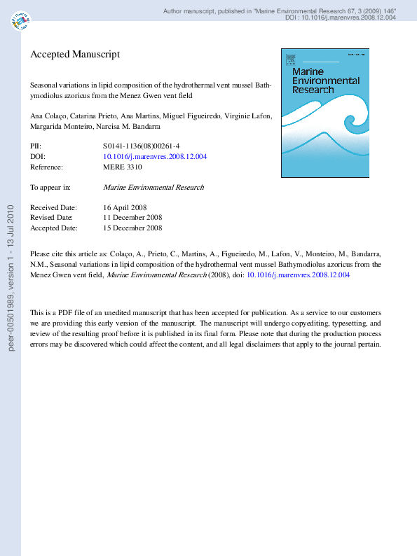 (PDF) Seasonal variations in lipid composition of the hydrothermal vent ...