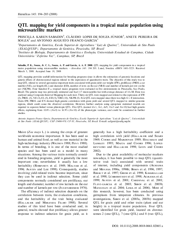 (PDF) QTL mapping for yield components in a tropical maize population using microsatellite markers