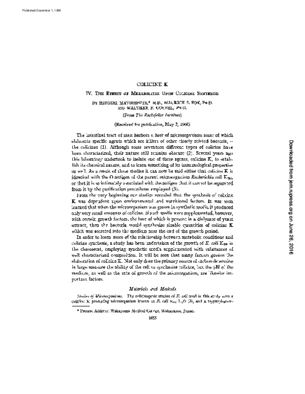 (PDF) Colicine K: IV. The Effect of Metabolites Upon Colicine Synthesis