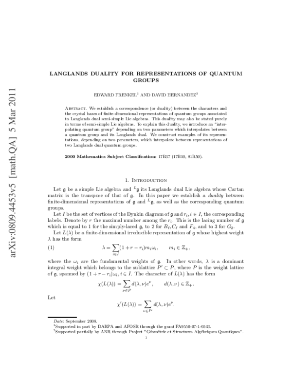 (PDF) Langlands duality for representations of quantum groups