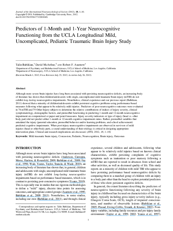 (PDF) Predictors of 1-Month and 1-Year Neurocognitive Functioning from ...