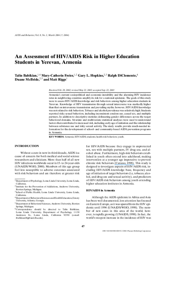 (PDF) An Assessment of HIV/AIDS Risk in Higher Education Students in ...