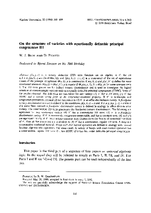 (PDF) On the structure of varieties with equationally definable principal congruences III