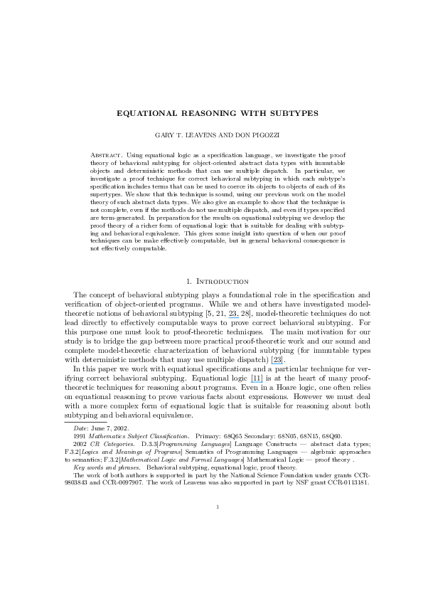 (PDF) Equational Reasoning with Subtypes