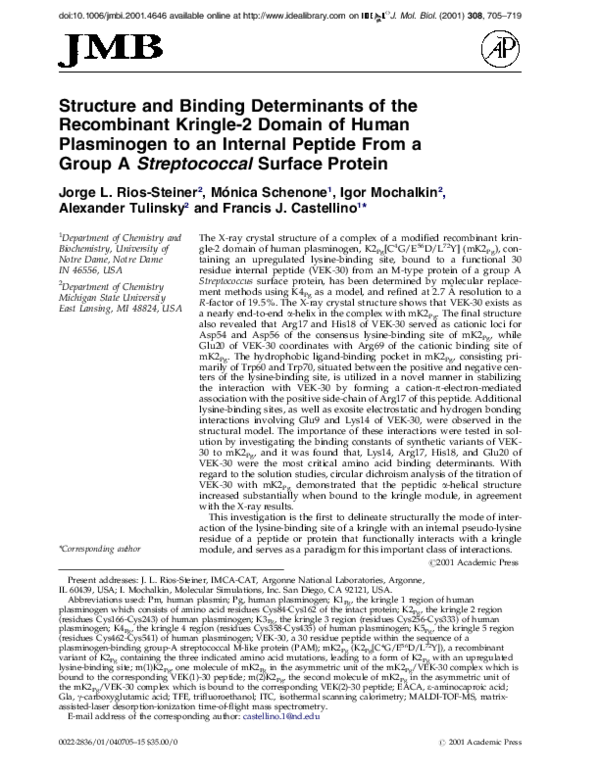 (PDF) Structure and binding determinants of the recombinant Kringle-2 ...