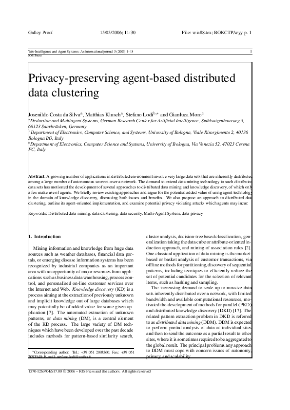 (PDF) Privacy-preserving agent-based distributed data clustering