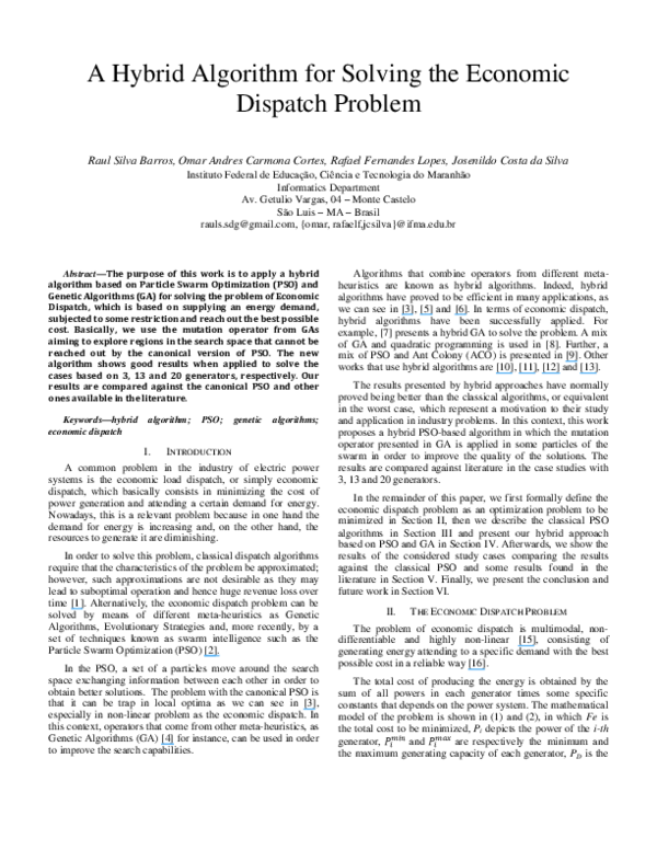 Pdf A Hybrid Algorithm For Solving The Economic Dispatch Problem