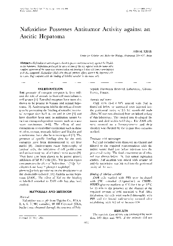 (PDF) Nafoxidine possesses antitumor activity against an ascitic hepatoma