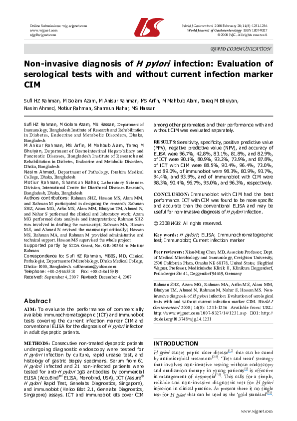 (PDF) Non-invasive diagnosis of H pylori infection: evaluation of ...