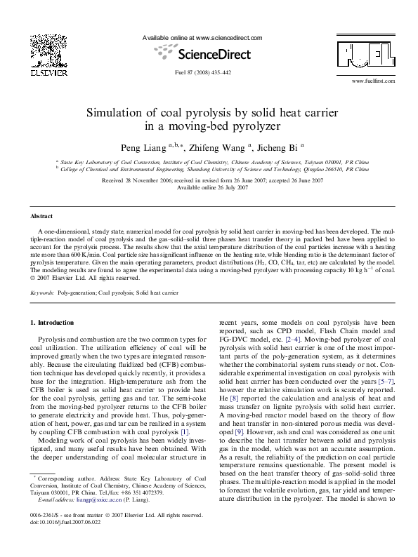 (PDF) Simulation of coal pyrolysis by solid heat carrier in a moving ...
