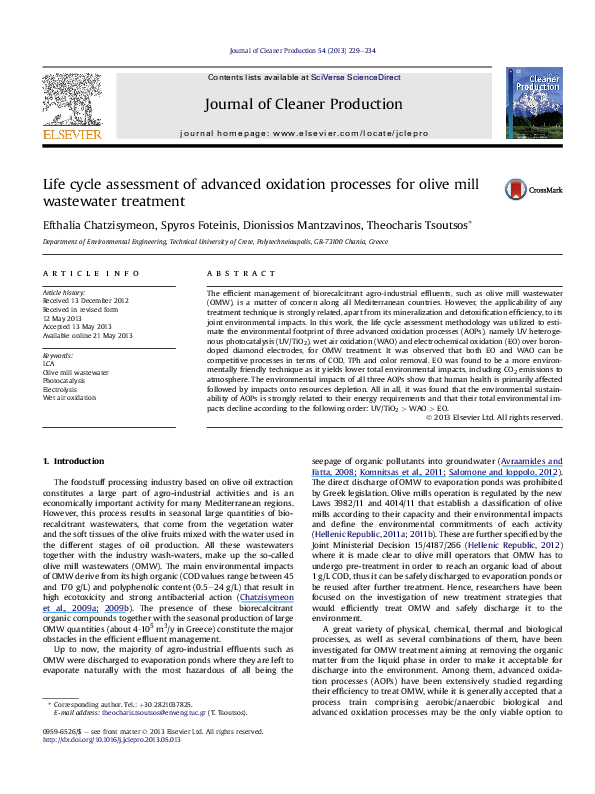 (PDF) Life cycle assessment of advanced oxidation processes for olive ...