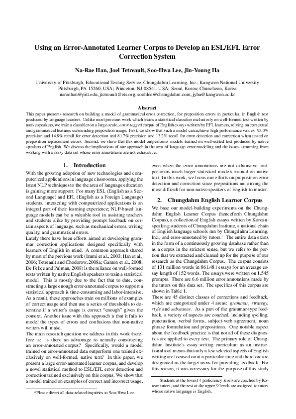 Pdf Using An Error Annotated Learner Corpus To Develop An Eslefl Error Correction System