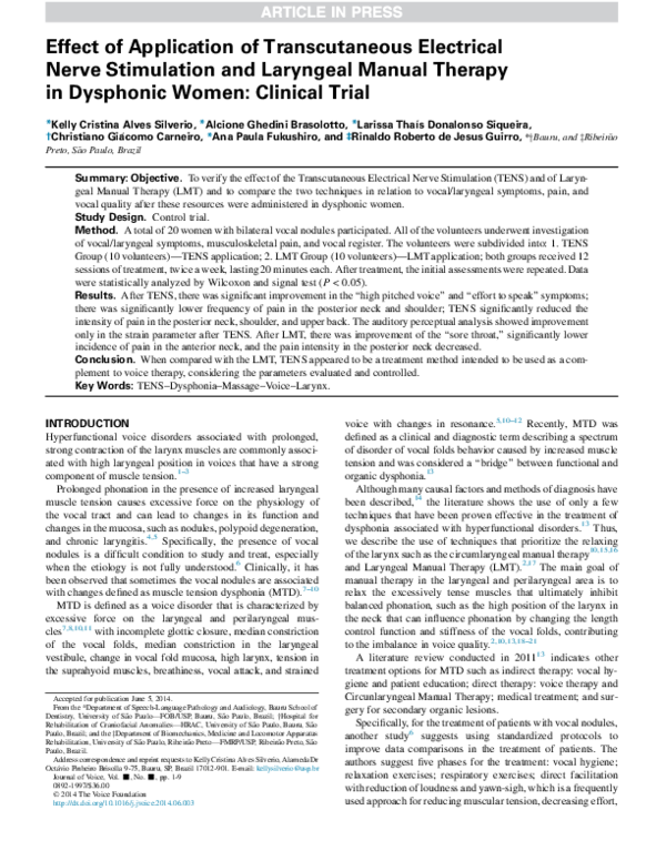 (PDF) Effect of Application of Transcutaneous Electrical Nerve Stimulation and Laryngeal Manual ...