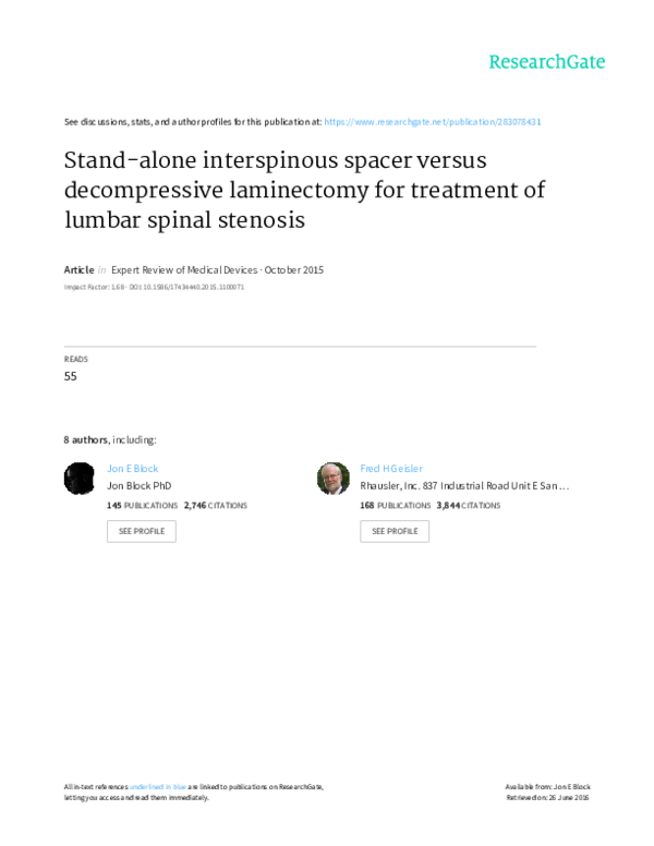(PDF) Stand-alone interspinous spacer versus decompressive laminectomy ...