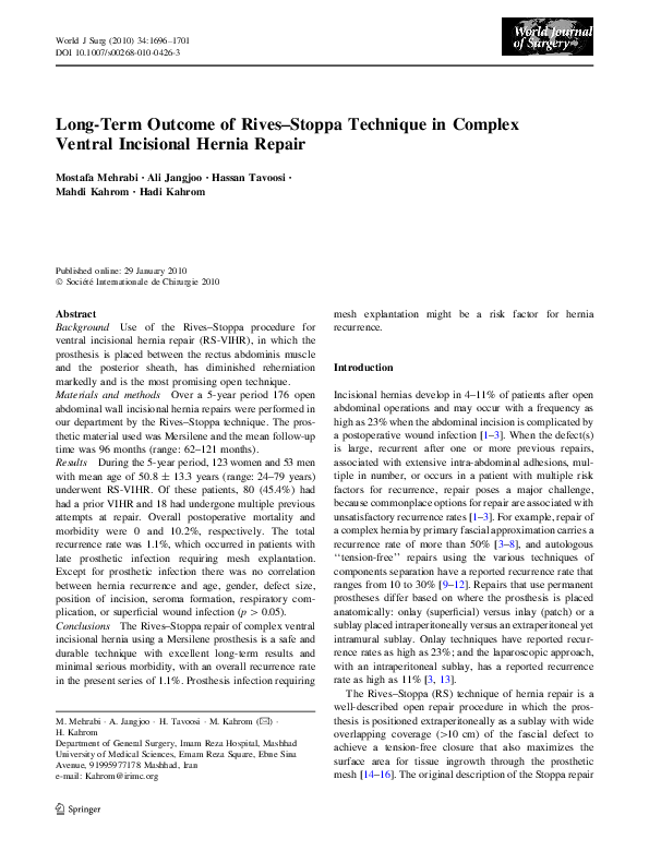 (PDF) Long-Term Outcome of Rives–Stoppa Technique in Complex Ventral ...