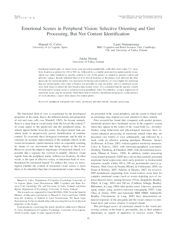 (PDF) Emotional scenes in peripheral vision: Selective orienting and gist processing, but not ...