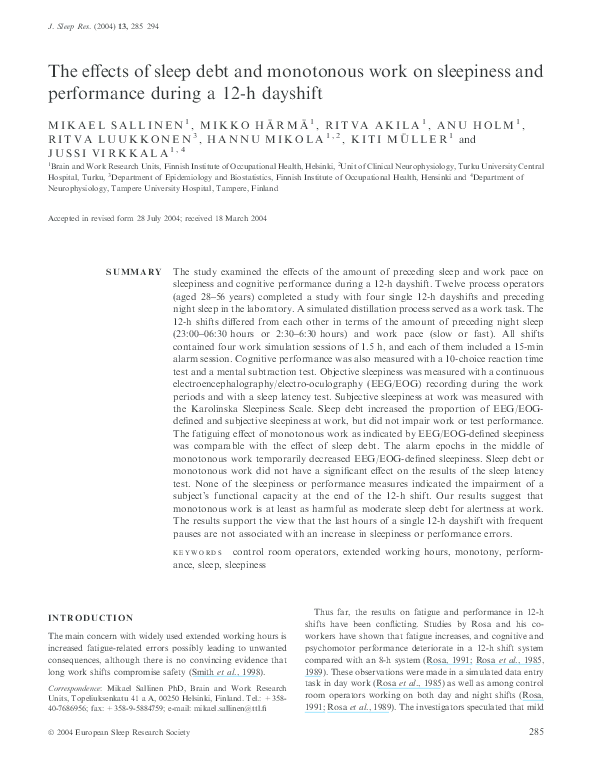 (PDF) The effects of sleep debt and monotonous work on sleepiness and ...
