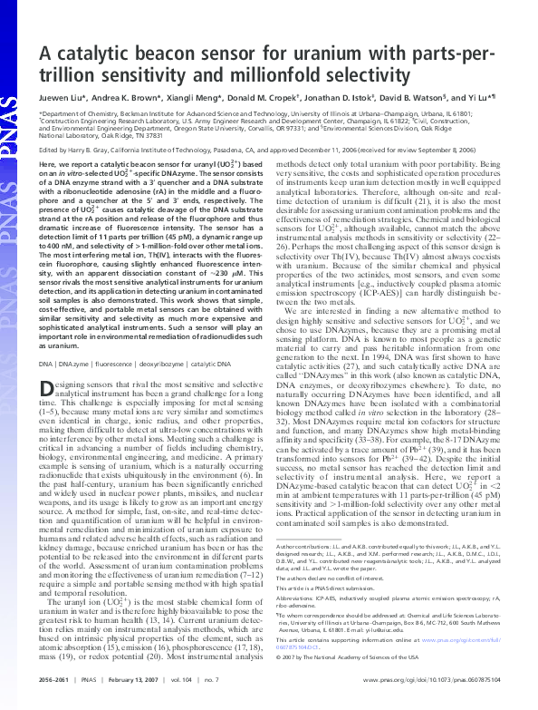 (PDF) A catalytic beacon sensor for uranium with parts-per-trillion ...