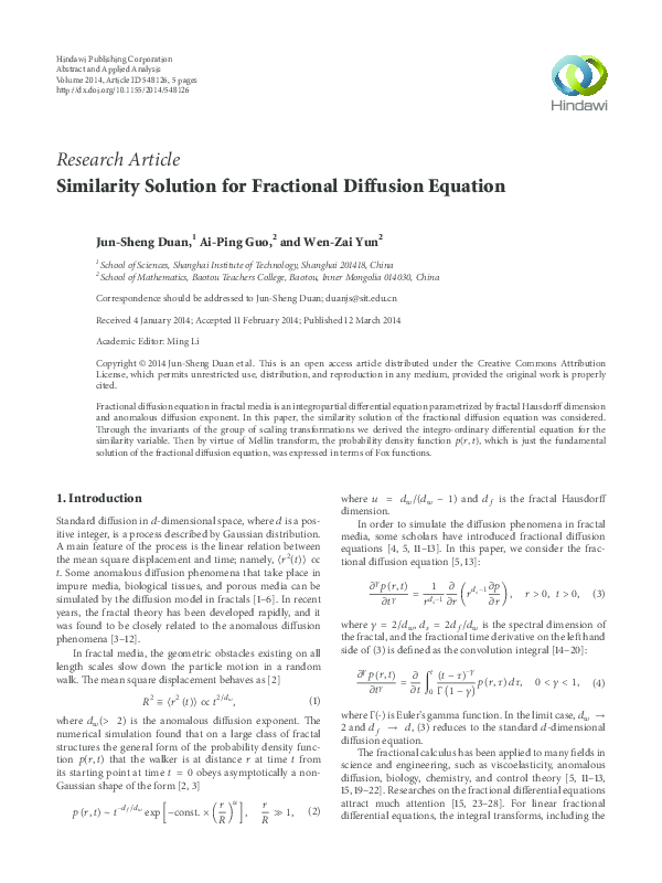 (PDF) Similarity Solution for Fractional Diffusion Equation