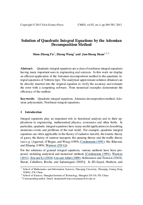 (PDF) Solution of Quadratic Integral Equations by the Adomian ...