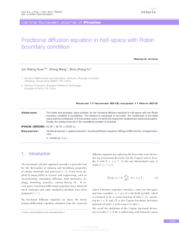 Pdf Fractional Diffusion Equation In Half Space With Robin Boundary Condition