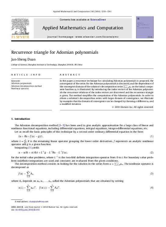 (PDF) Recurrence triangle for Adomian polynomials