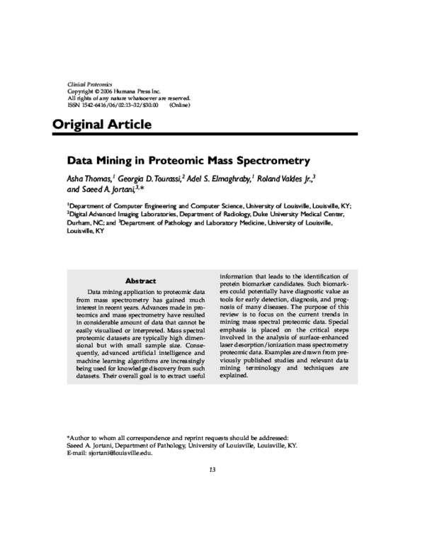 (PDF) Data Mining in Proteomic Mass Spectrometry