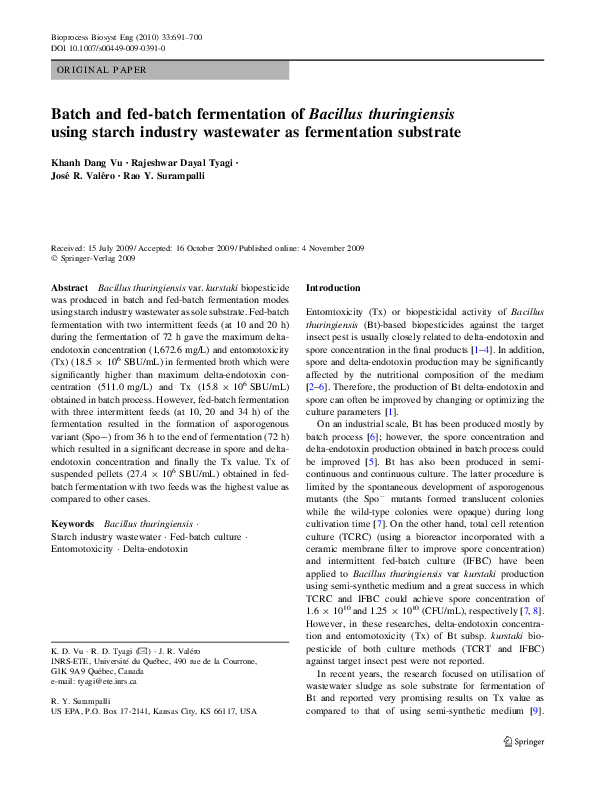 (PDF) Batch and fed-batch fermentation of Bacillus thuringiensis using starch industry ...