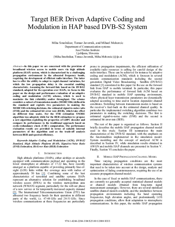 Pdf Target Ber Driven Adaptive Coding And Modulation In Hap Based Dvb