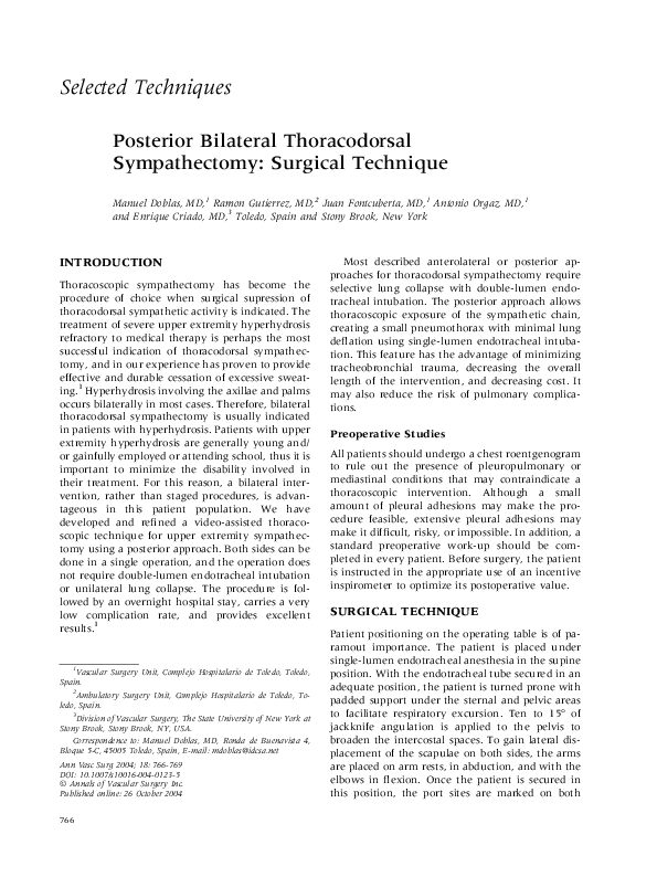 Pdf Posterior Bilateral Thoracodorsal Sympathectomy Surgical Technique