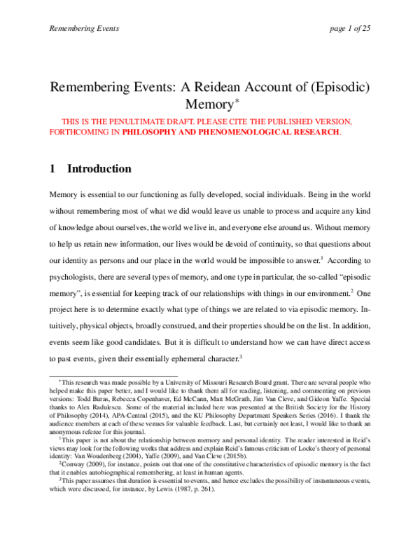 (PDF) Remembering Events: A Reidean Account of (Episodic) Memory