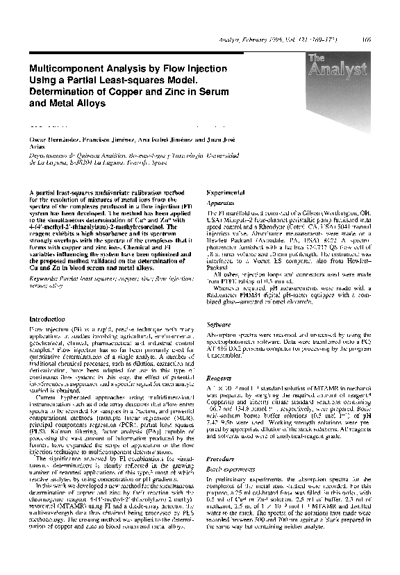 Pdf Multicomponent Analysis By Flow Injection Using A Partial Least Squares Model