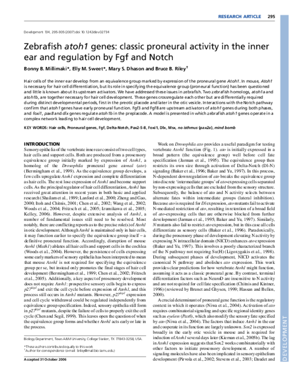 (PDF) Zebrafish atoh1 genes: classic proneural activity in the inner ...