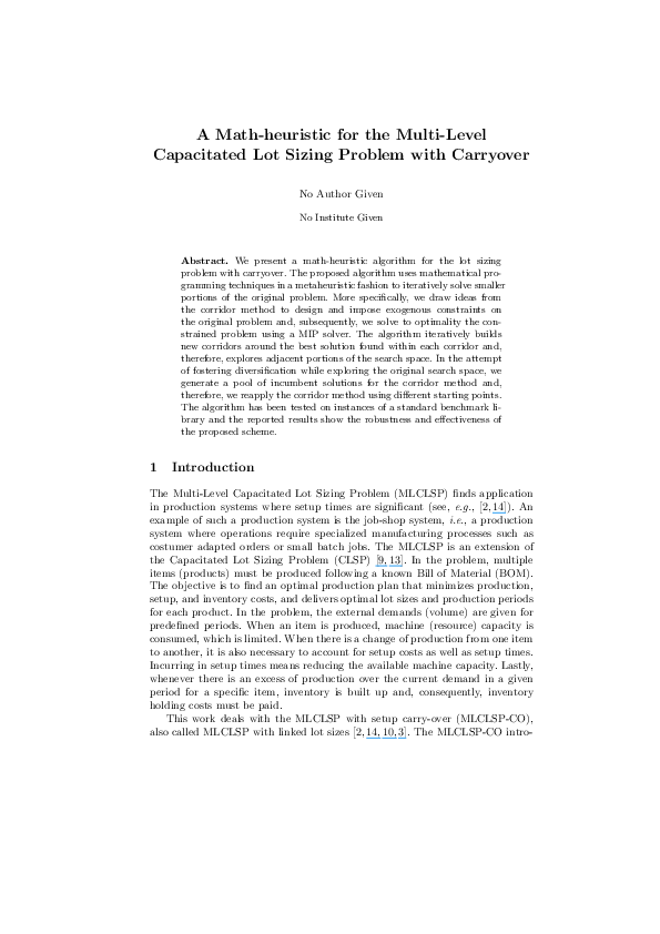 (PDF) A Math-Heuristic for the MultiLevel Capacitated Lot Sizing Problem with Carryover