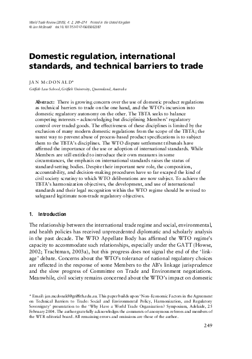 (PDF) Domestic regulation, international standards, and technical ...