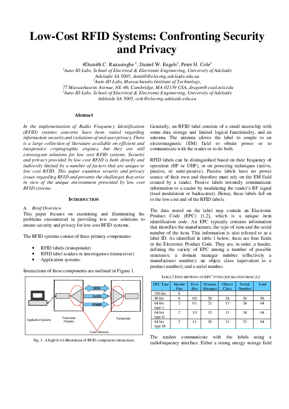 (PDF) Low-Cost RFID Systems: Confronting Security and Privacy