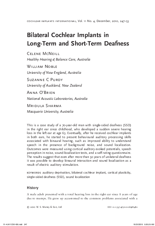 (PDF) Bilateral cochlear implants in long-term and short-term deafness
