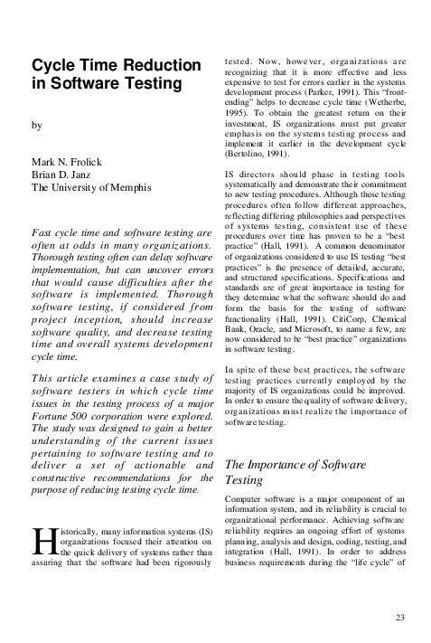 Pdf Cycle Time Reduction In Software Testing Mark Frolick