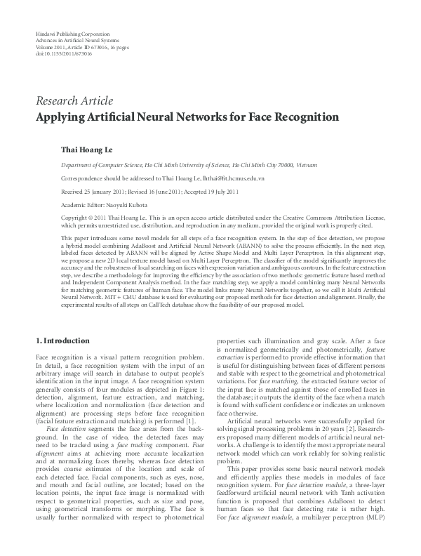 (PDF) Applying Artificial Neural Networks for Face Recognition