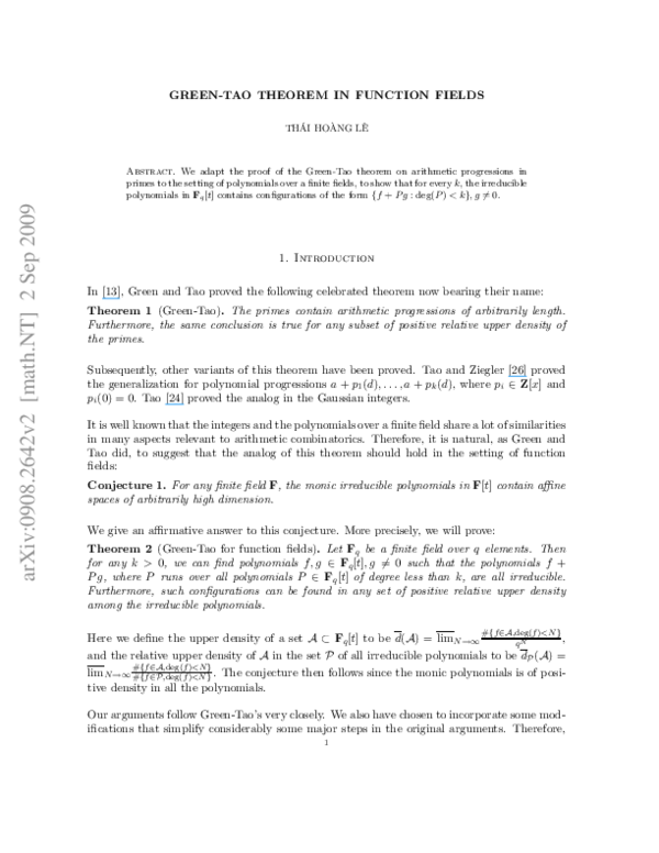 (PDF) Green–Tao theorem in function fields