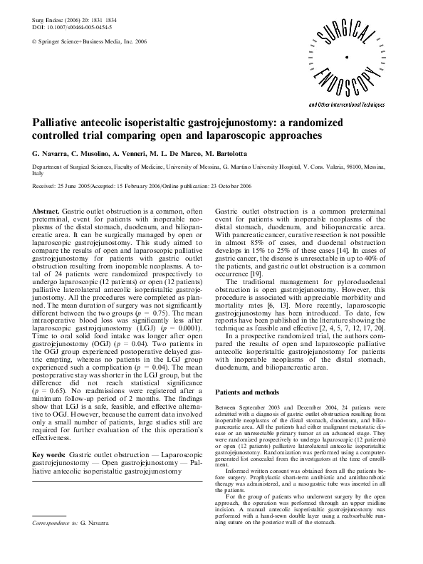 (PDF) Palliative antecolic isoperistaltic gastrojejunostomy: a ...