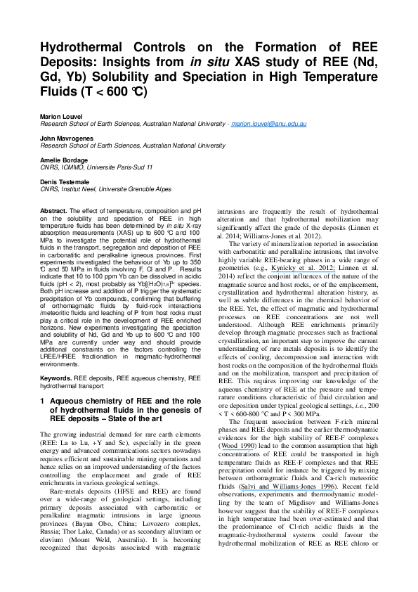 (PDF) Hydrothermal Controls on the Formation of REE Deposits: Insights from in situ XAS study of ...