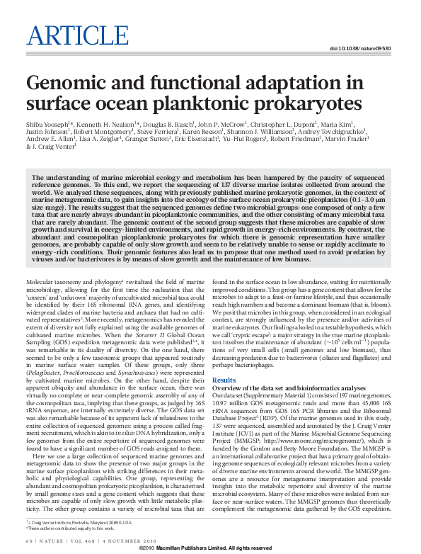 (PDF) Genomic and functional adaptation in surface ocean planktonic ...