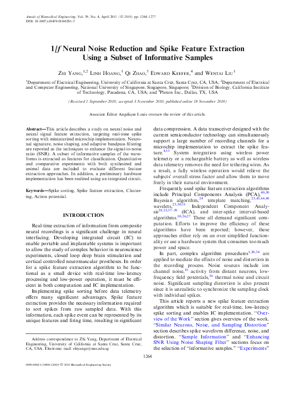 (PDF) 1/ f Neural Noise Reduction and Spike Feature Extraction Using a ...