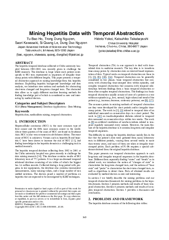 (PDF) Mining hepatitis data with temporal abstraction