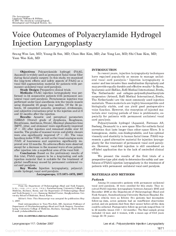 (PDF) Voice Outcomes of Polyacrylamide Hydrogel Injection Laryngoplasty