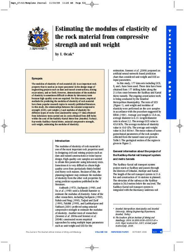 (PDF) Estimating the modulus of elasticity of the rock material from compressive strength and ...