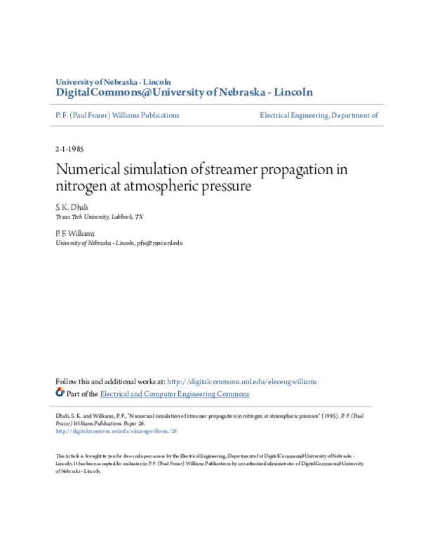 (PDF) Numerical simulation of streamer propagation in nitrogen at atmospheric pressure