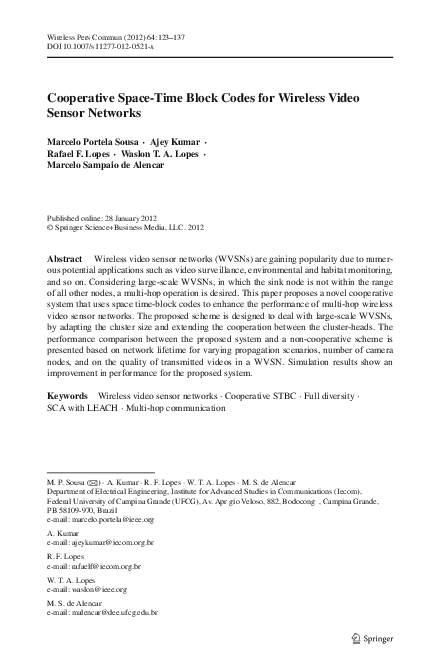 (PDF) Cooperative Space-Time Block Codes for Wireless Video Sensor Networks